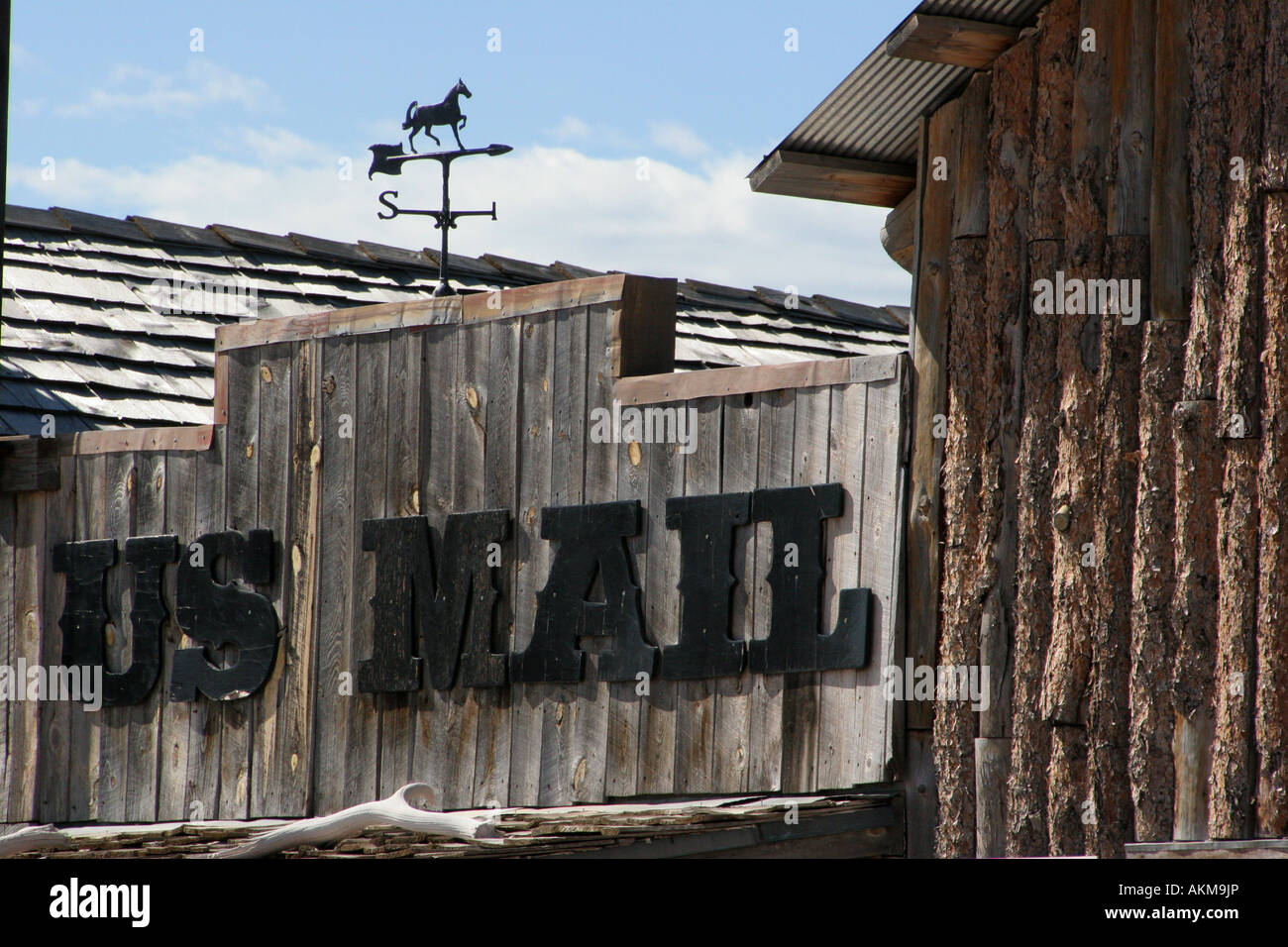 US Mail building with a horse weatervain in an old western town in ...
