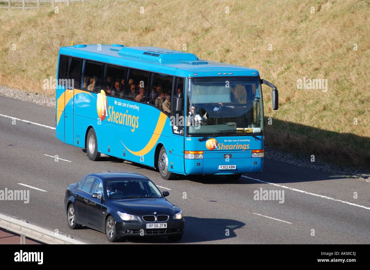 Shearings coach on M40 motorway, Warwickshire, England, UK Stock Photo ...