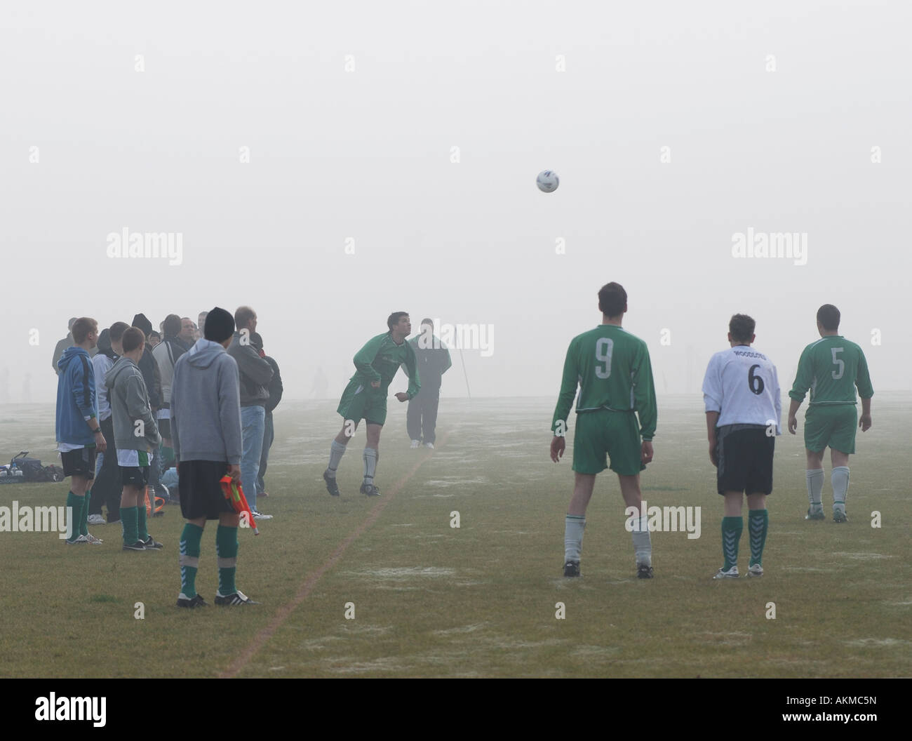 Sunday League football in fog at Harbury Lane, Leamington Spa, England ...