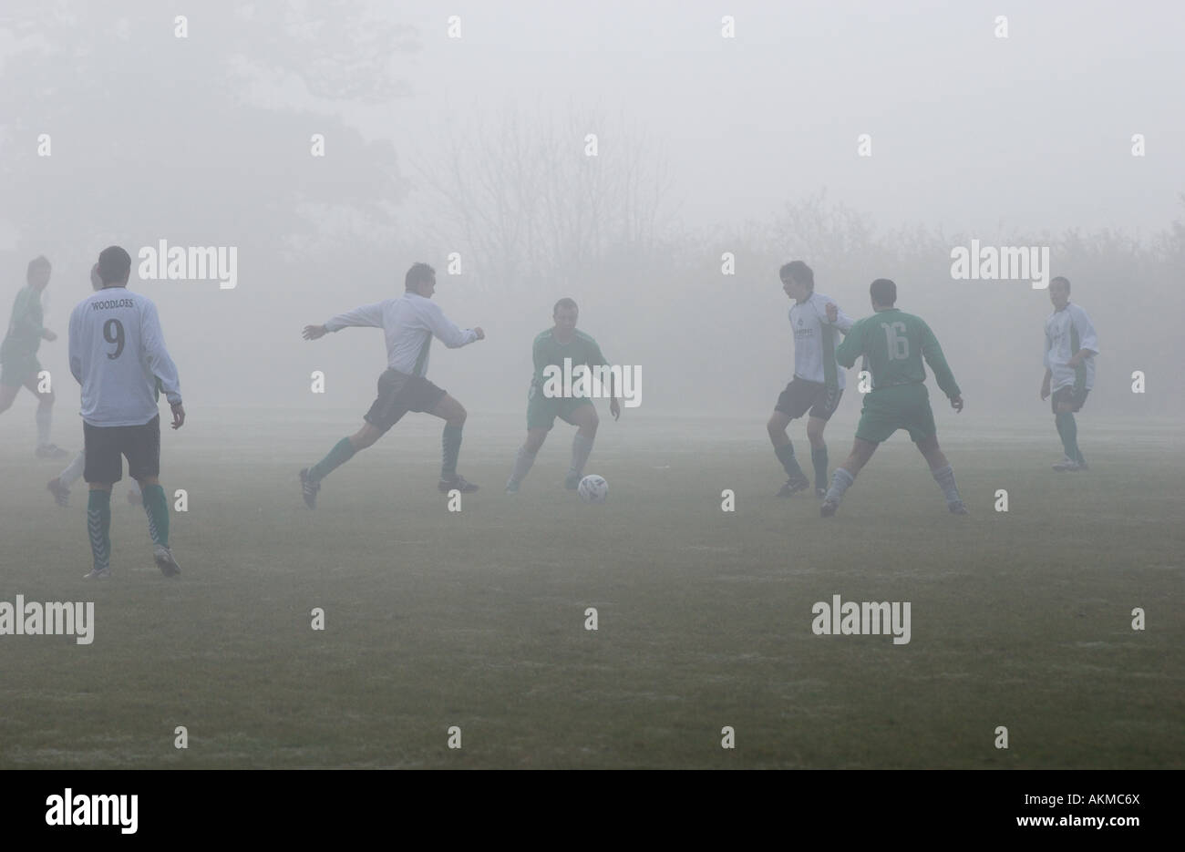 Sunday League football in fog at Harbury Lane, Leamington Spa, England ...