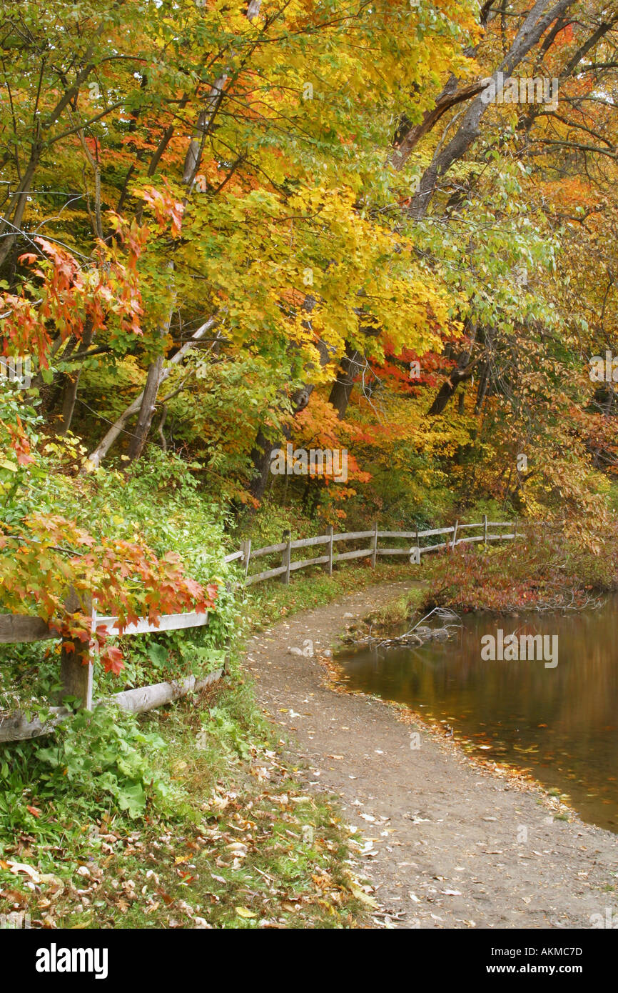 Autumn Fenced Pathway Inviting a walk around the lake Wood split rail ...
