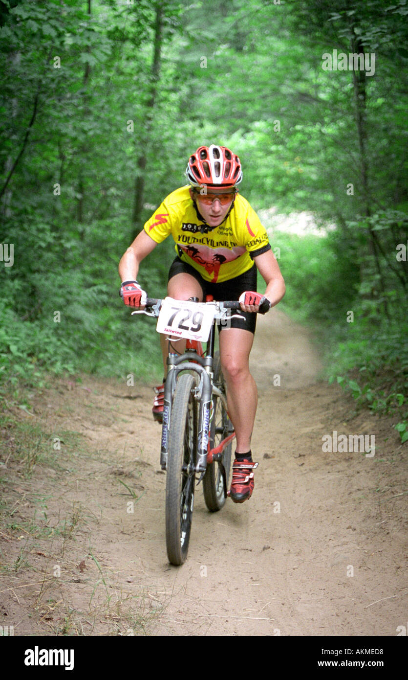 Female participates in Mountain bike race competition testing the ...