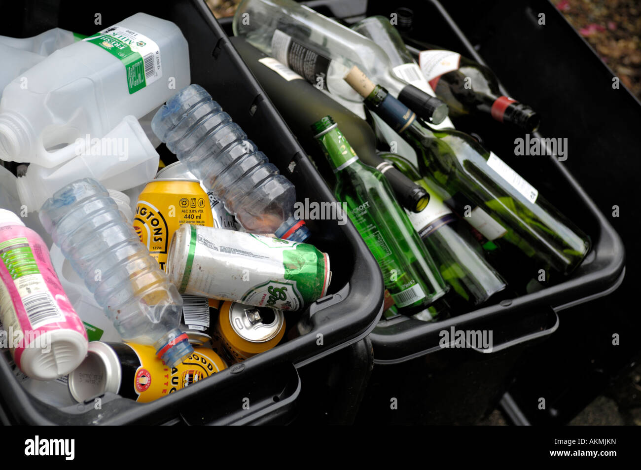 Cans, bottles and plastic containers in recycling boxes Stock Photo - Alamy