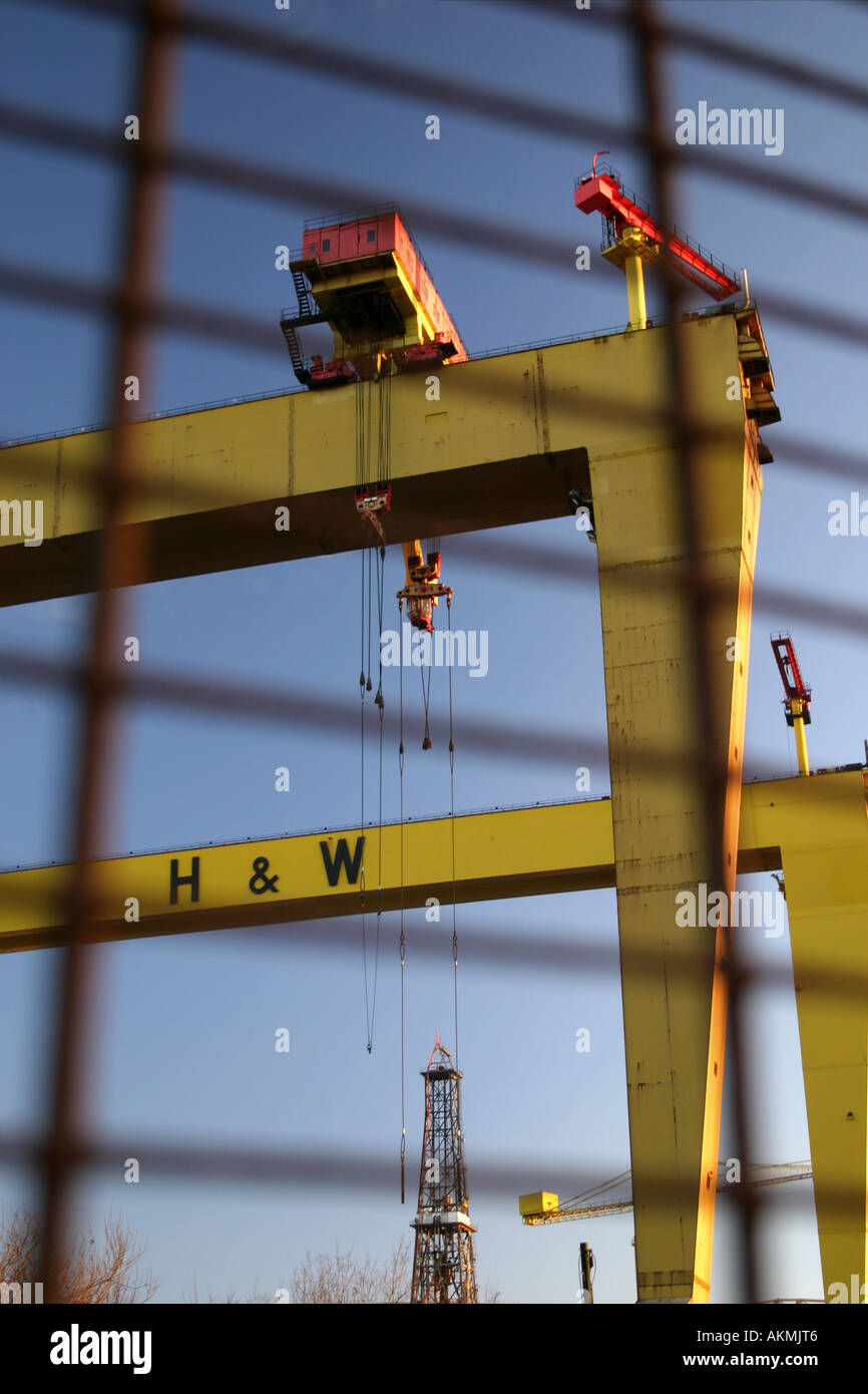 Samson and Goliath cranes in Belfast shipyard viewed through closed ...