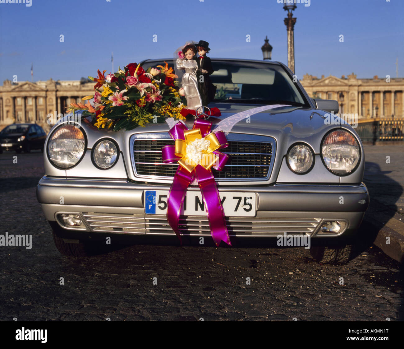 Front view of a decorated wedding car /limousine on Place de la ...