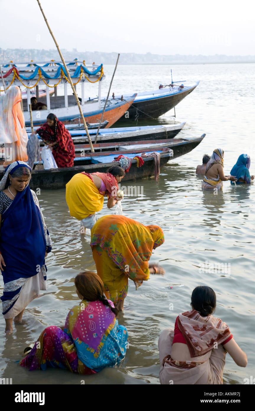 Ritual morning bath. Assi Ghat. Ganges river. Varanasi. India Stock ...