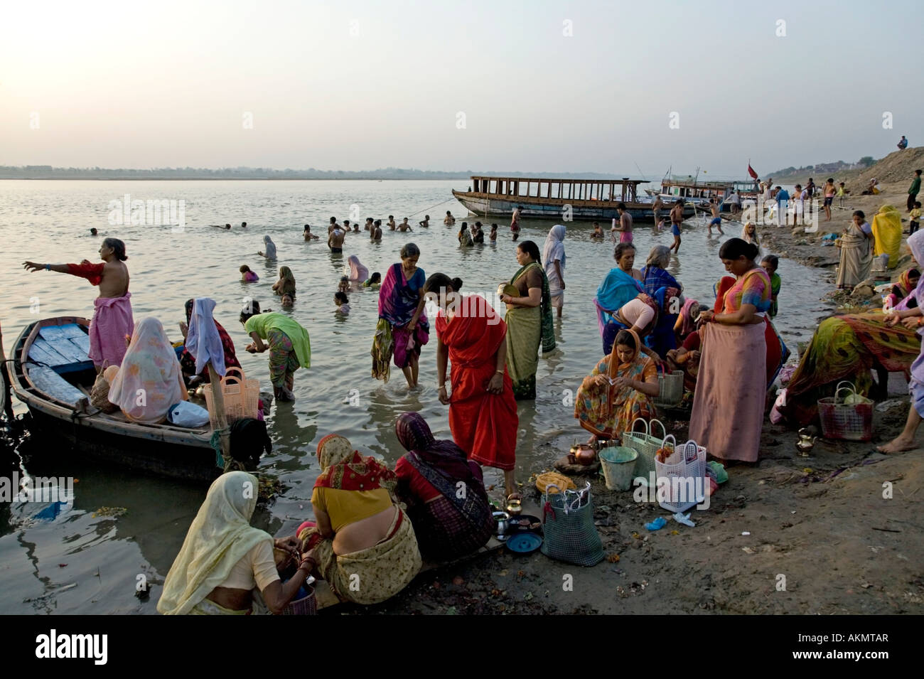 Ritual morning bath. Assi Ghat. Ganges river. Varanasi. India Stock ...