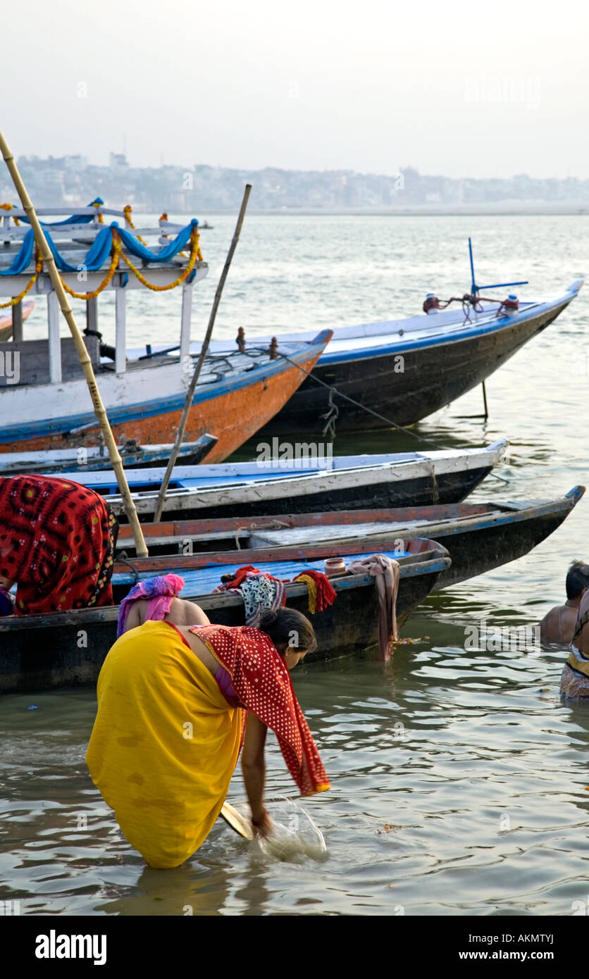 Ritual morning bath. Assi Ghat. Ganges river. Varanasi. India Stock ...