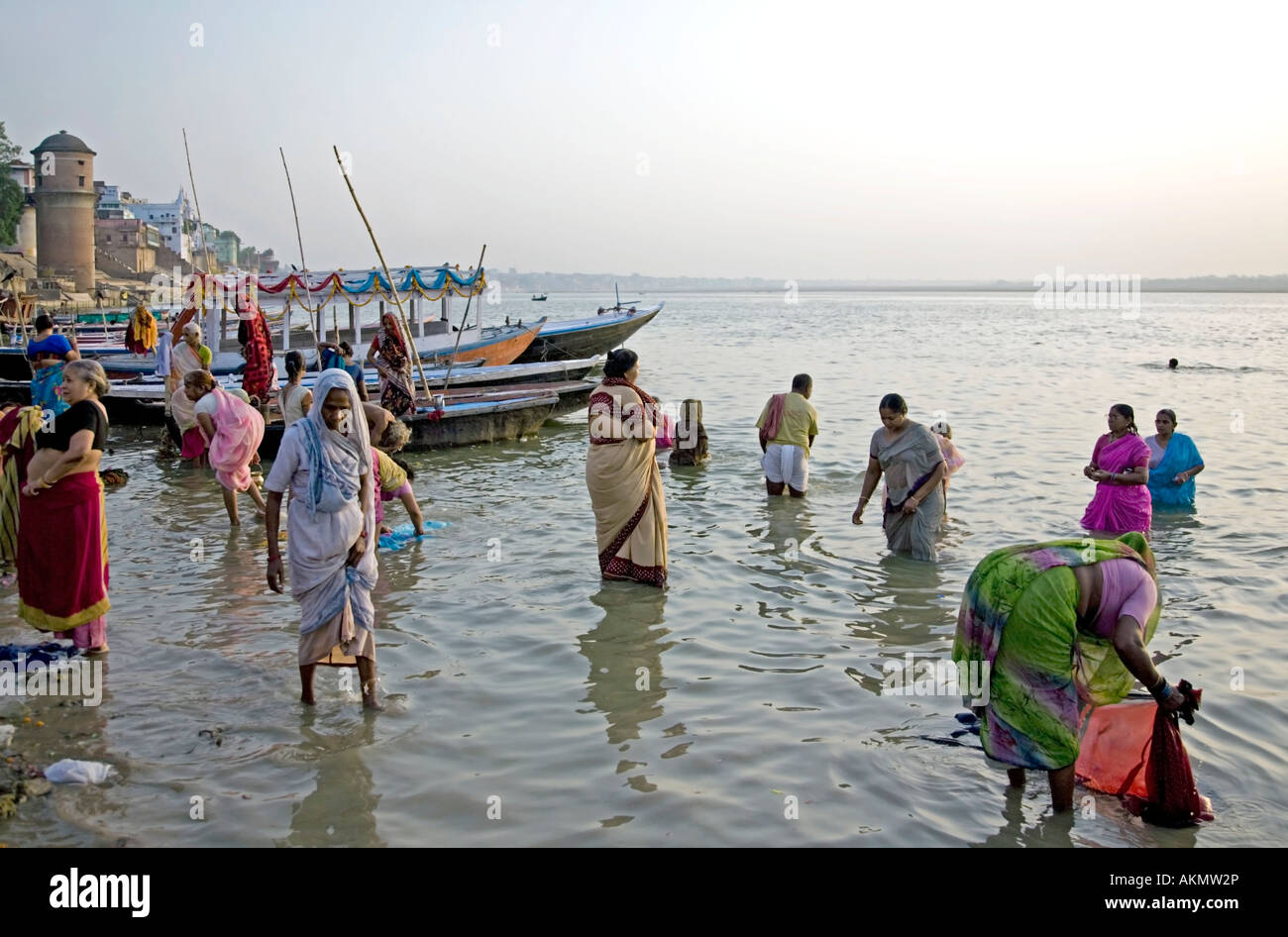 Ritual morning bath. Assi Ghat. Ganges river. Varanasi. India Stock ...