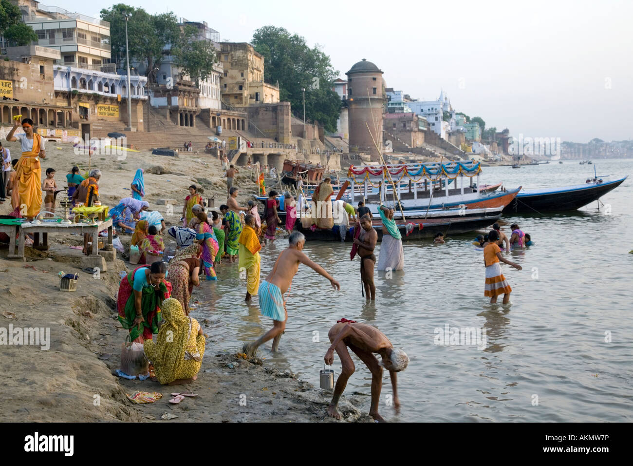 Ritual morning bath. Assi Ghat. Ganges river. Varanasi. India Stock ...