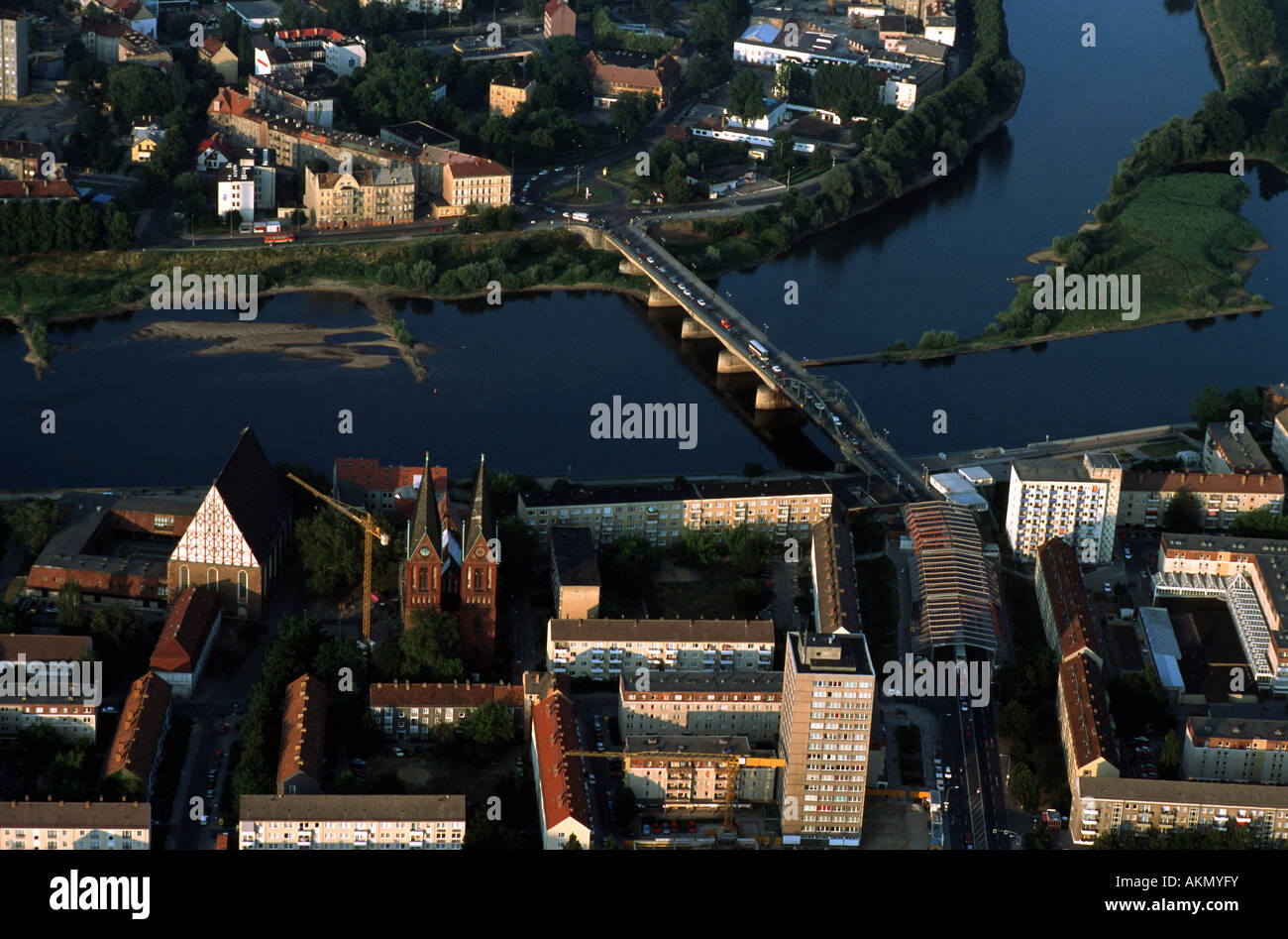 Aerial view of the German-Polish border on the Oder between Frankfurt ...