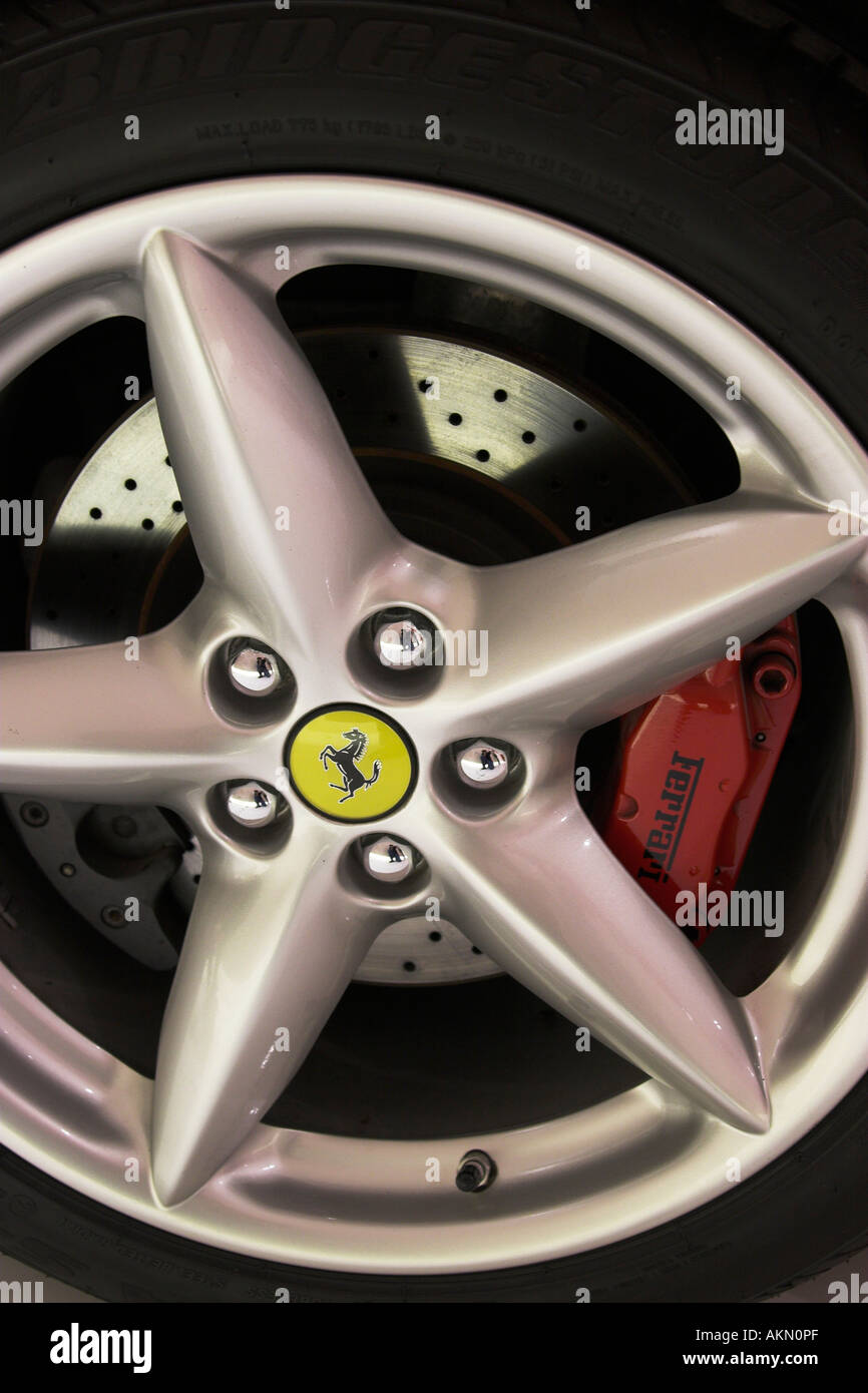 Ferrari wheel, brakedisc, brake caliper and logo close up Stock Photo ...