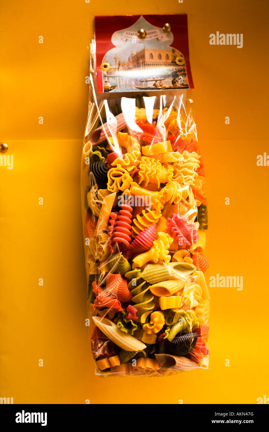 plastic bag of dried pasta shells pinned to a display wall venice italy ...