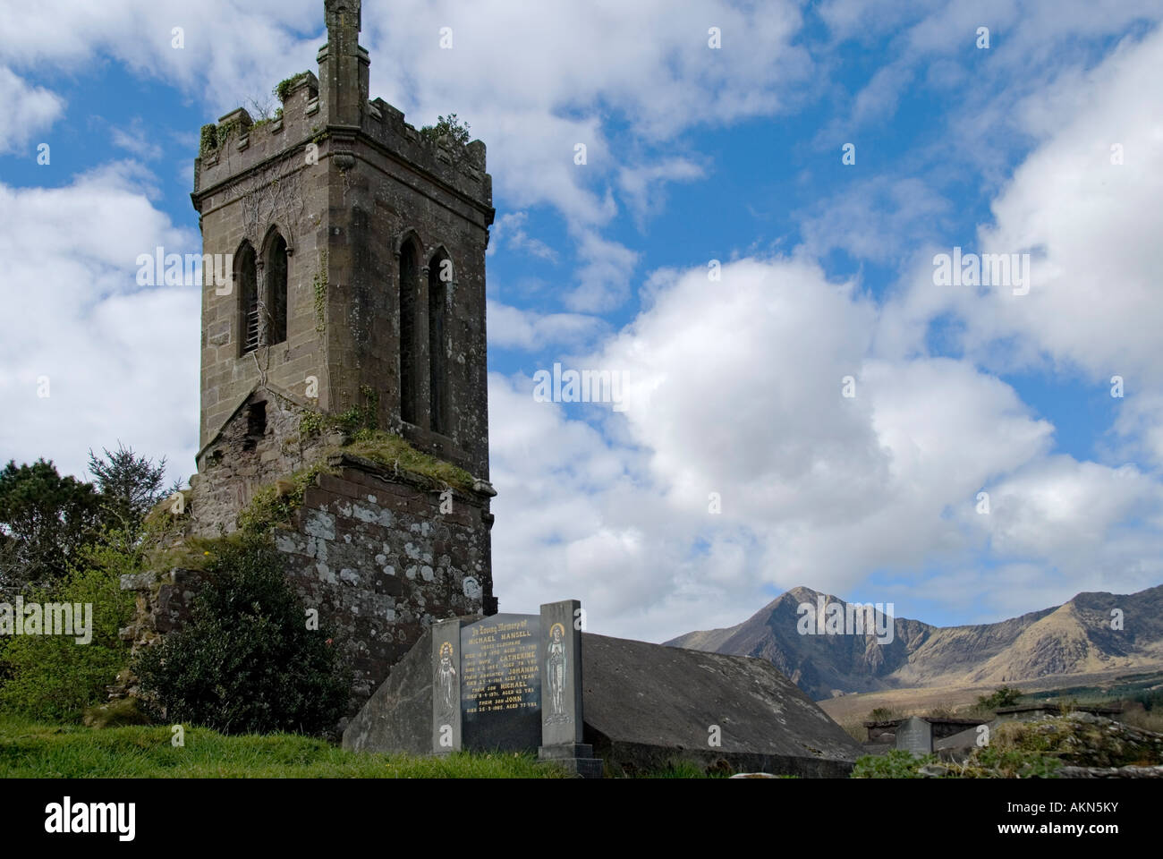 Ruined church at Cloghane, below Brandon Mountain, Dingle Peninsula ...