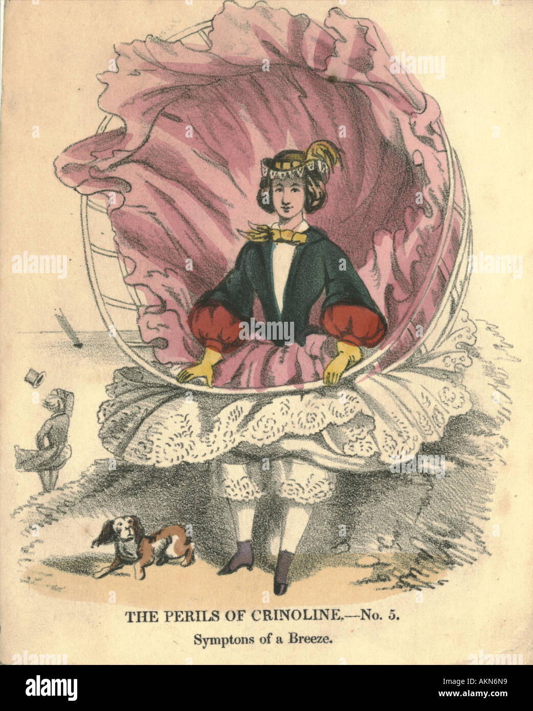 Chromolithograph on the perils of wearing a crinoline 1862 Stock Photo ...
