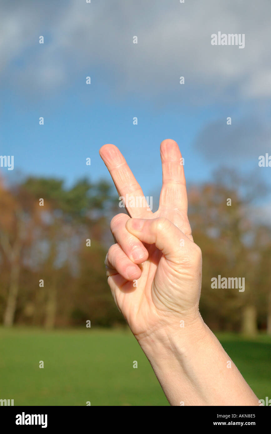 Hand victory sign gesture Stock Photo - Alamy
