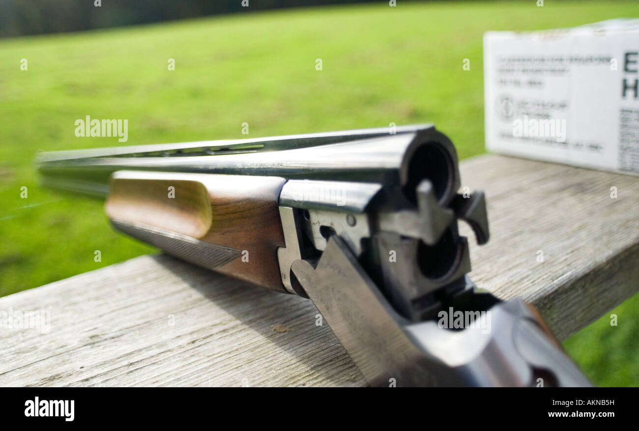 A broken shotgun resting on a bench, shell box off to the right Stock ...