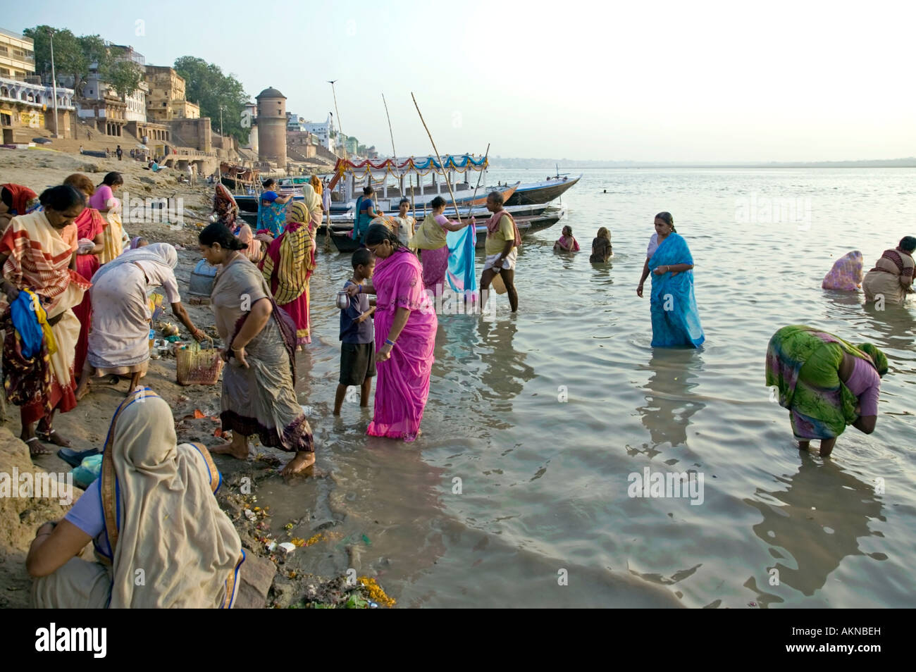 Ritual morning bath. Assi Ghat. Ganges river. Varanasi. India Stock ...