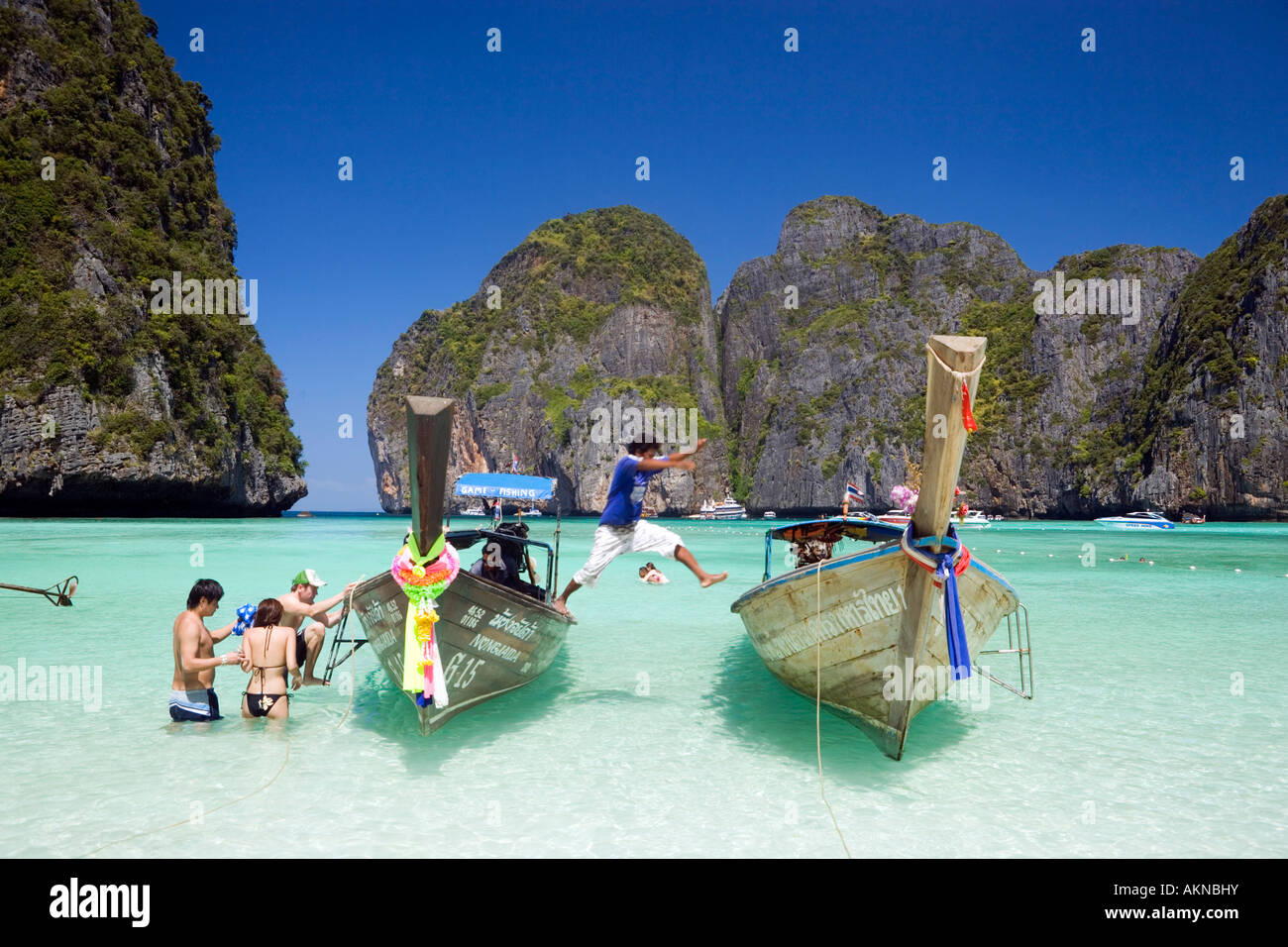 Maya Bay a beautiful scenic lagoon with anchored boats Ko Phi Phi Leh ...