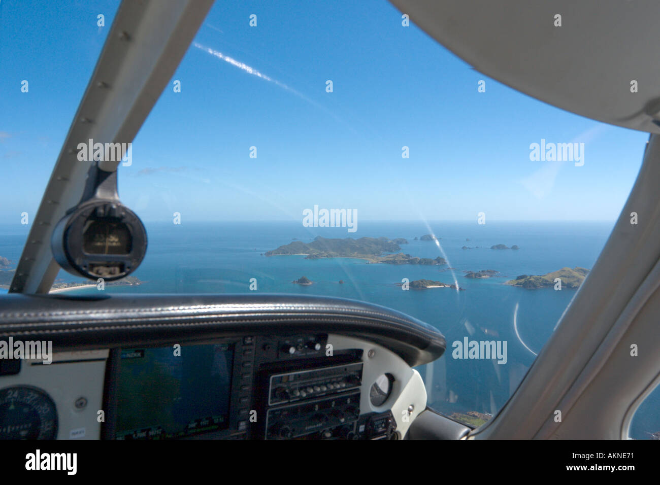 Aerial view from a small plane over the Bay of Islands, Northland ...