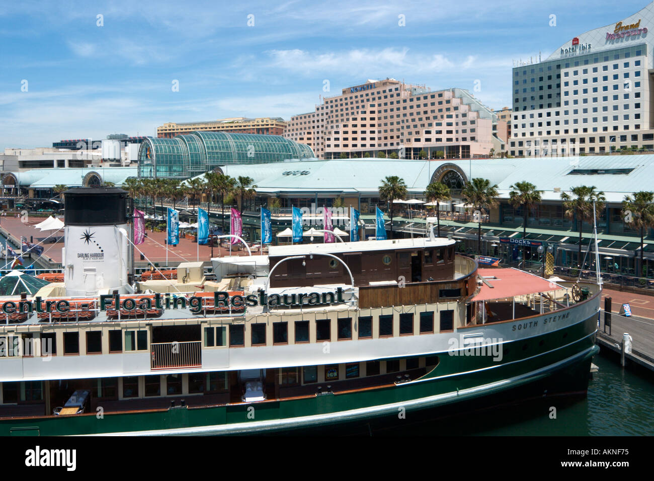 Floating Restaurant with modern hotels behind, Darling Harbour, Sydney ...