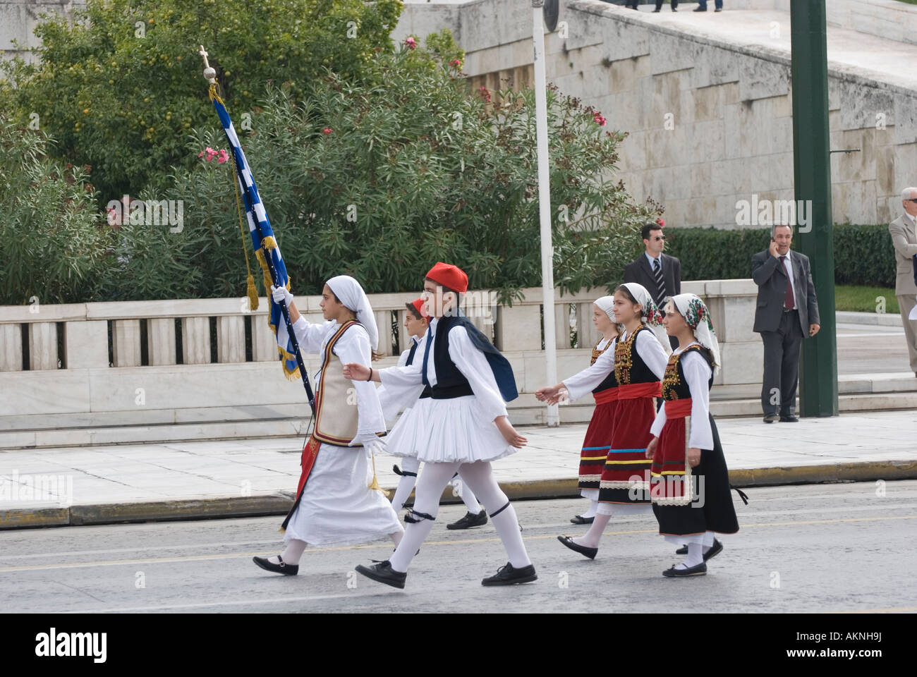 School children in traditional costume marching in the 2007 Ochi Day ...