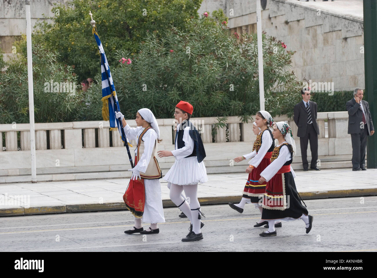 School children in traditional costume marching in the 2007 Ochi Day ...