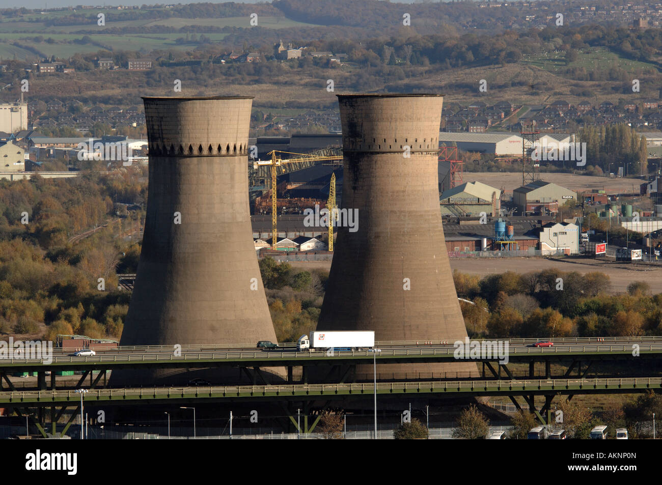 Two historic cooling towers at the side of the M1 Motorway, Tinsley in ...