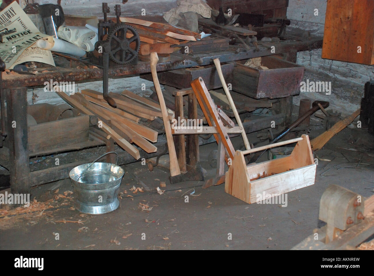 woodworkers tool bench with tool box Stock Photo - Alamy