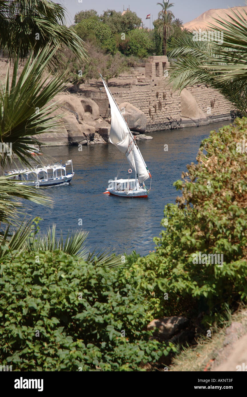 Felucca on the Nile seen from the Old Cataract Hotel at Aswan, Egypt ...
