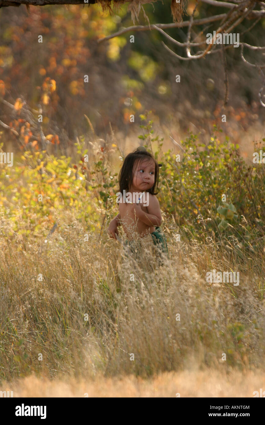Young Native American Indian child walking in the tall grass in fall ...