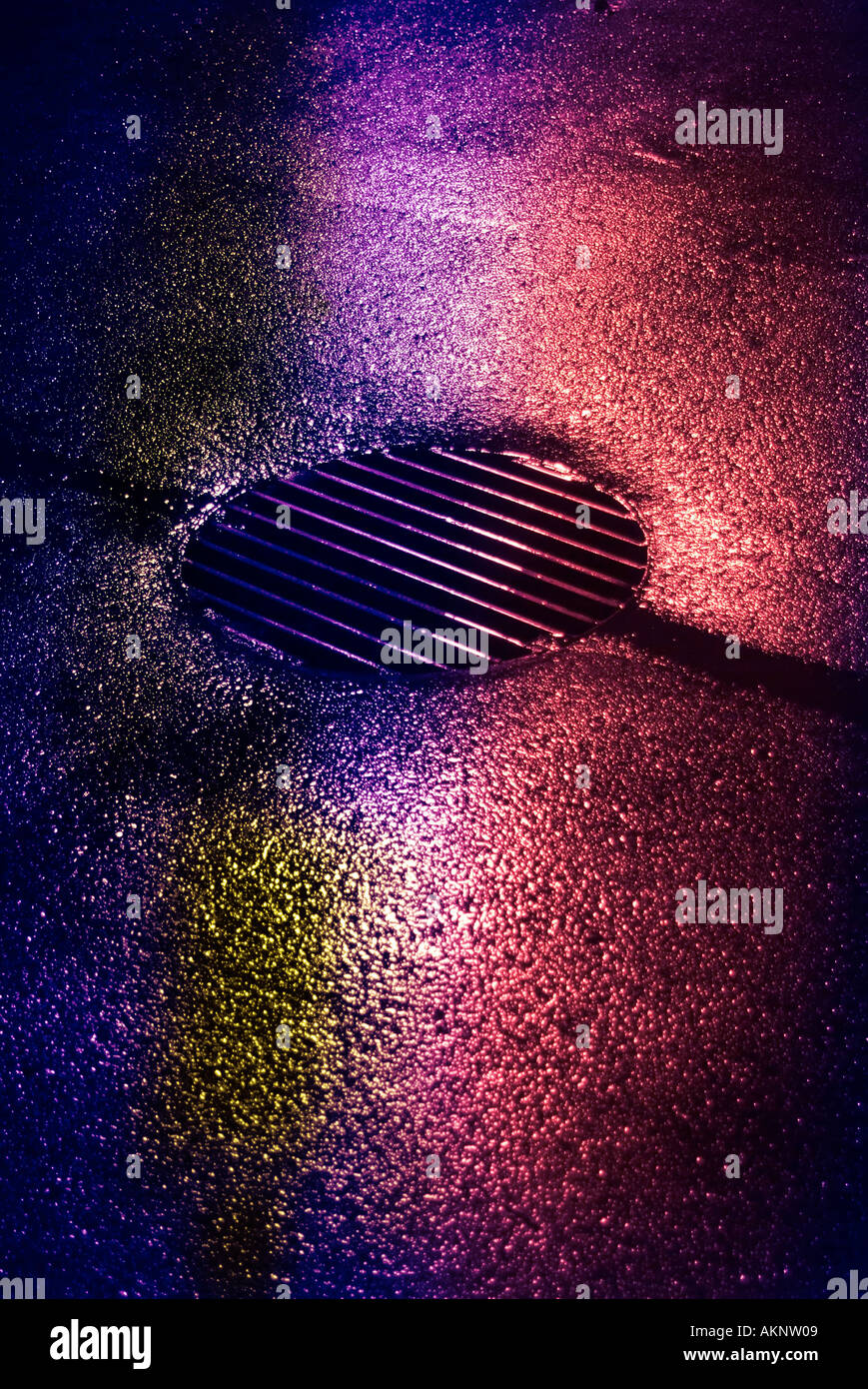 Neon Lights Reflecting Off Of Wet Pavement And Sewer Drain Grate Stock ...