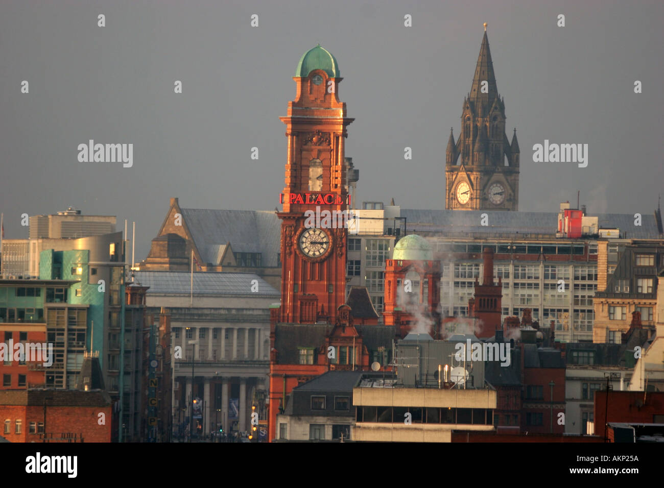 Aerial view of Manchester town centre showing clock towers of Refuge ...