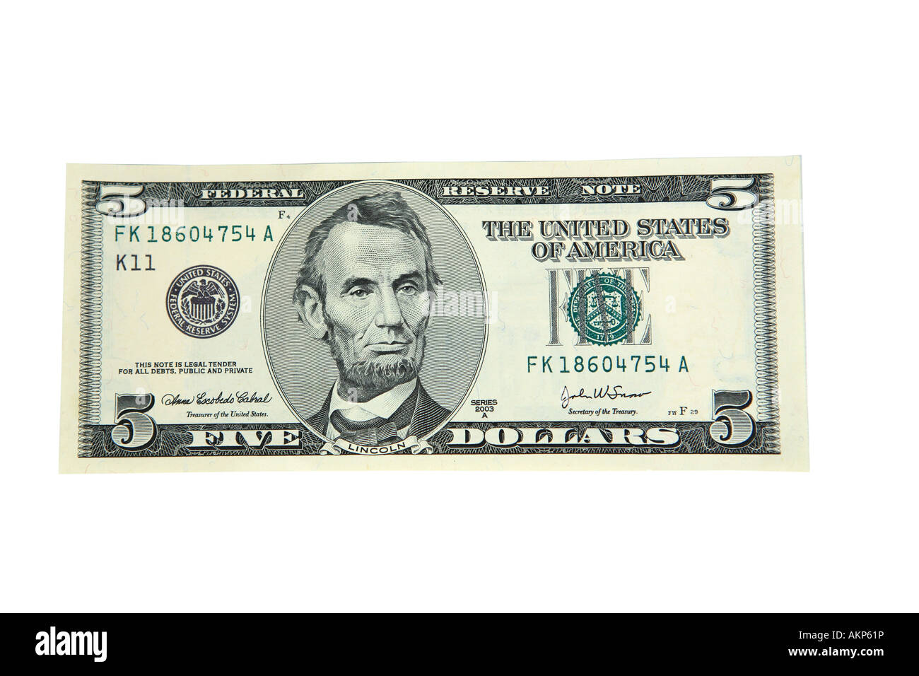 American money five dollar bill isolated on white background Stock ...