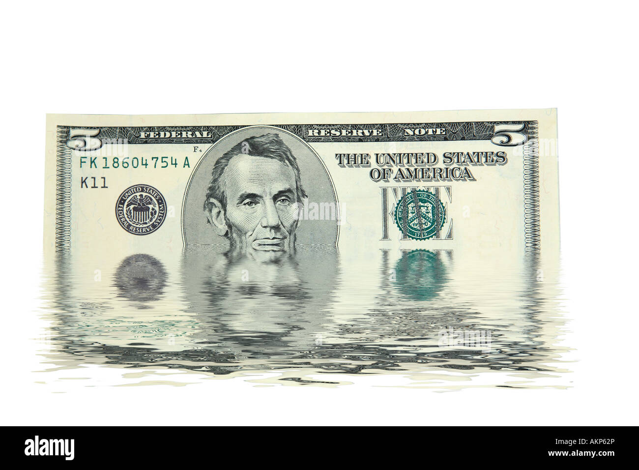 American money wet flooded five dollar bill isolated on white ...