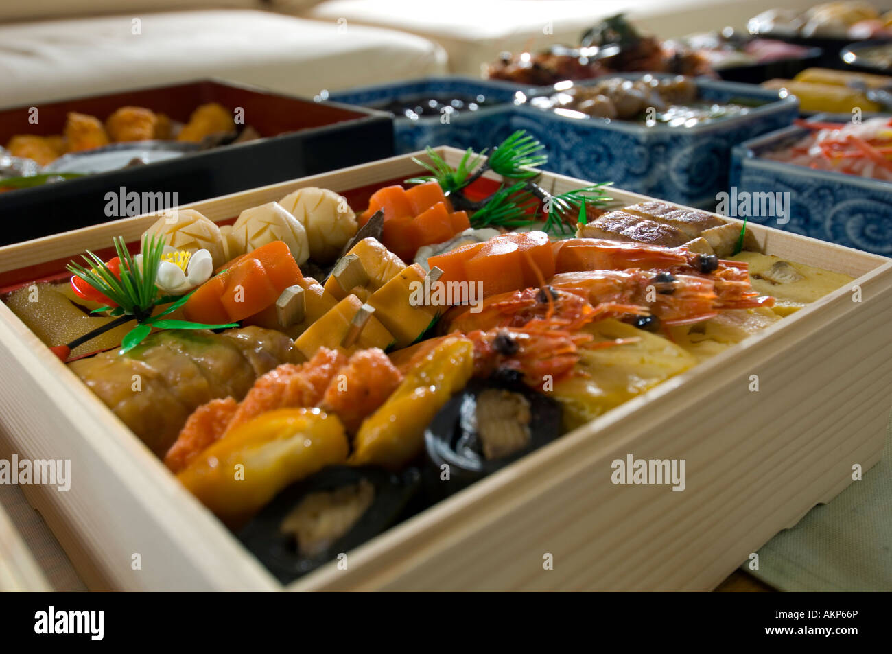Family New Year dinner, table set with traditional Japanese food, Japan ...