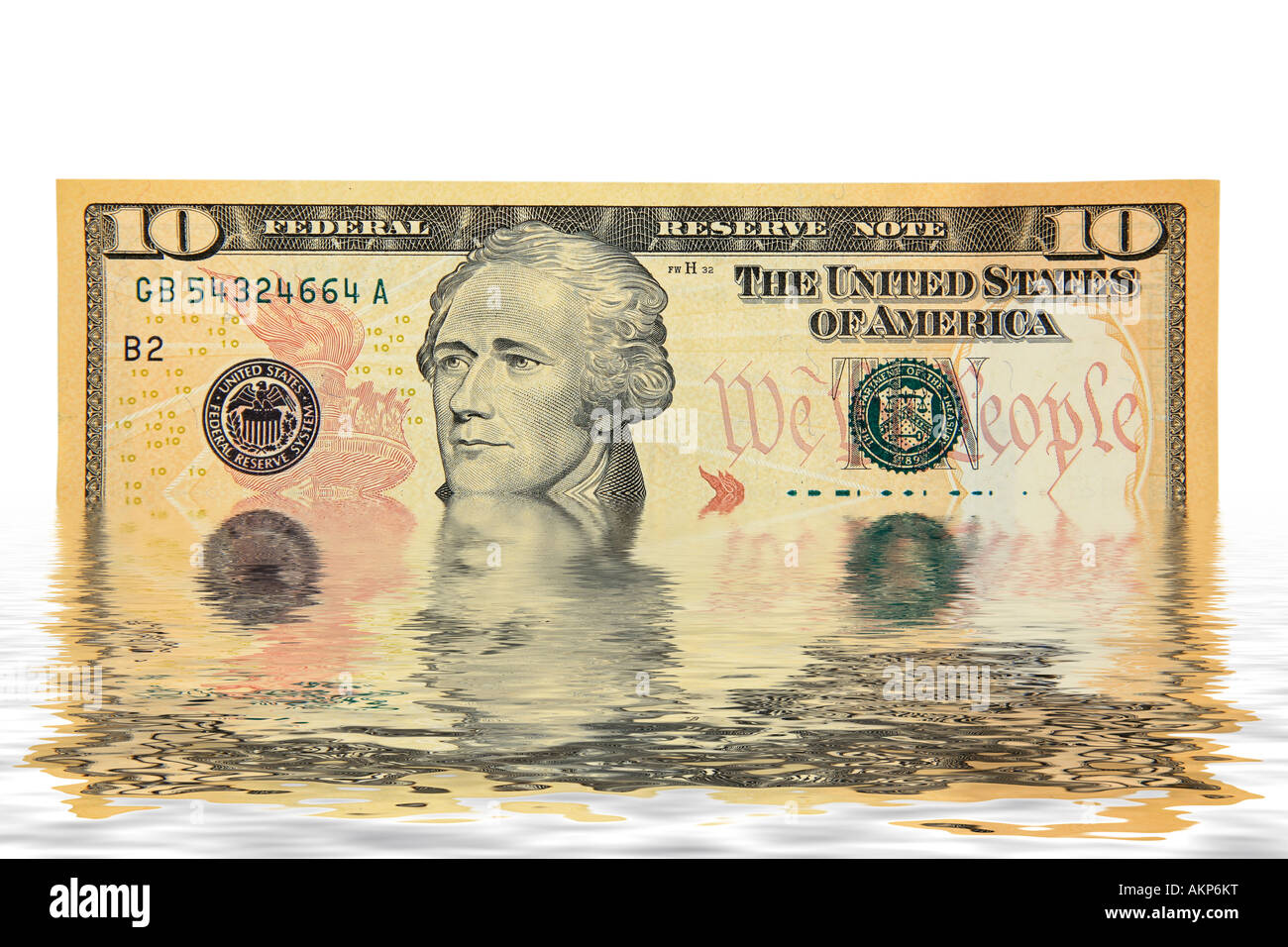 Wet Flooded Ten dollar bill American money isolated on white background ...
