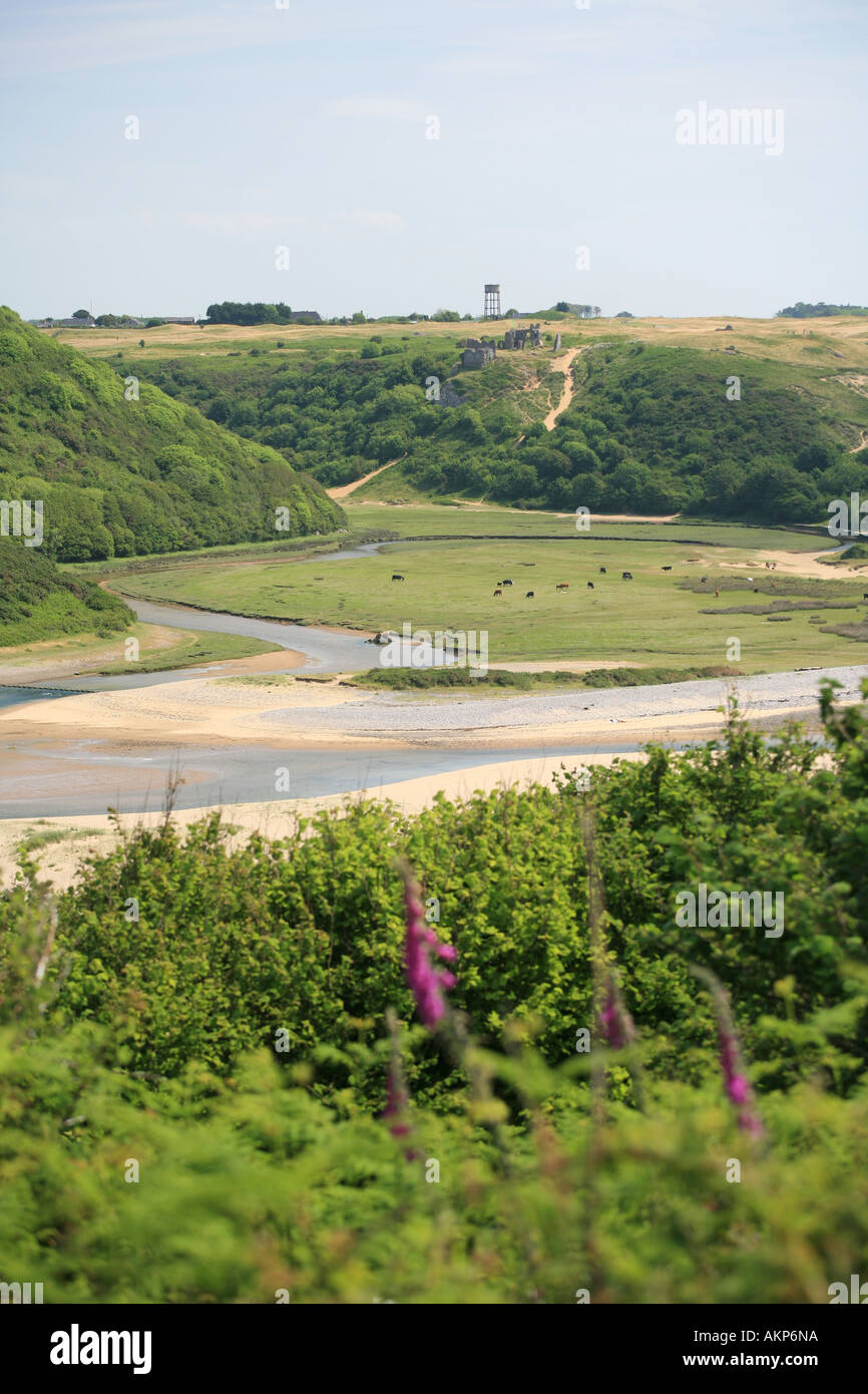Pennard Castle and burrows viewed from Penmaen side of Three Cliffs Bay ...