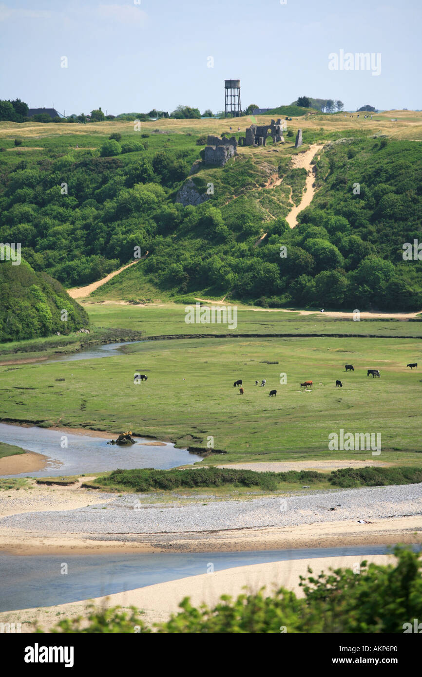 Pennard Castle and burrows viewed from Penmaen side of Three Cliffs Bay ...