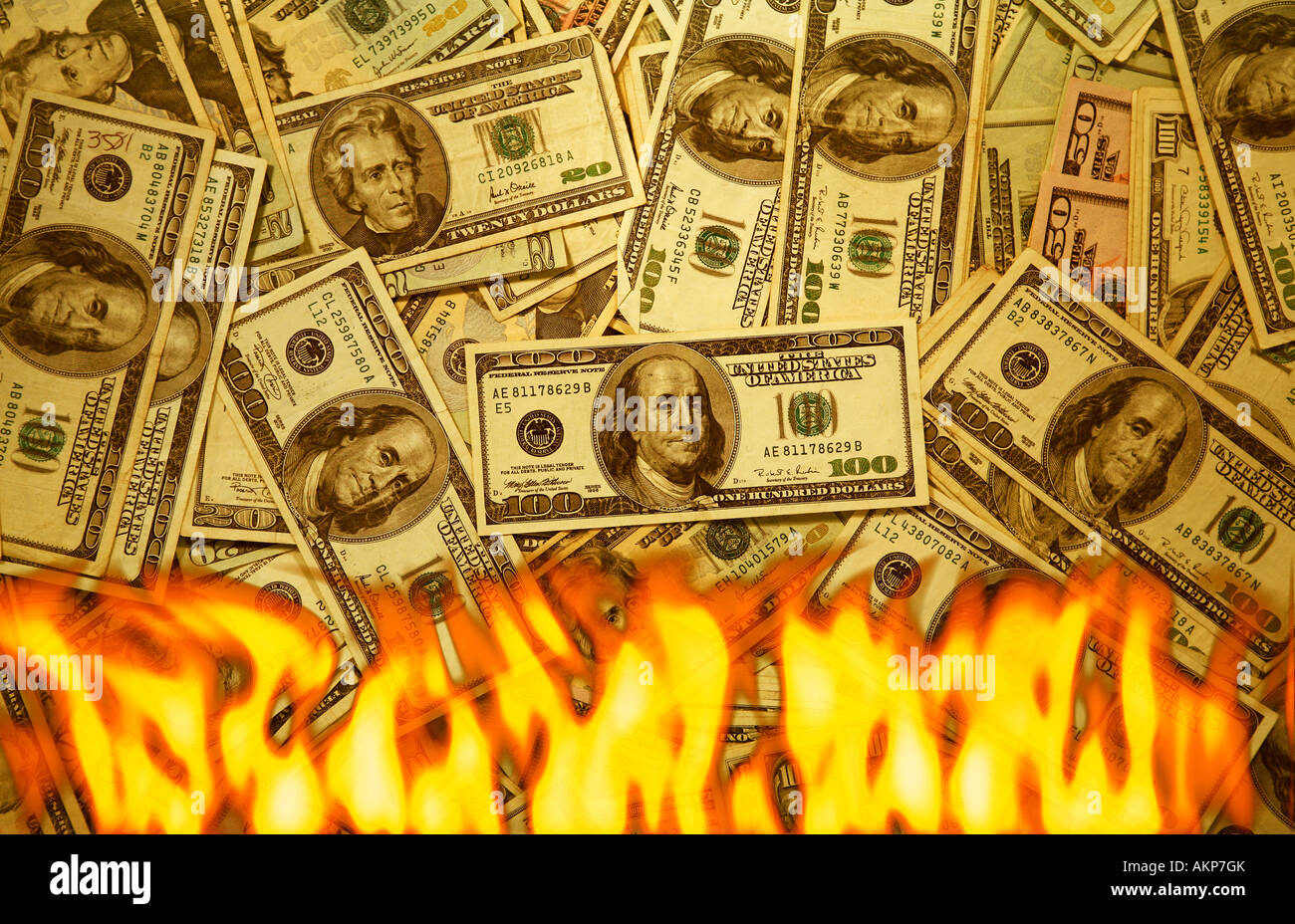 Burning American money background Stock Photo - Alamy