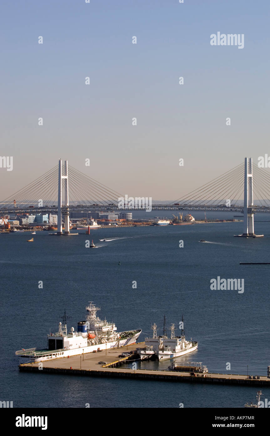 View from a hotel window towards Bay Bridge Minato mirai Yokohama Japan ...
