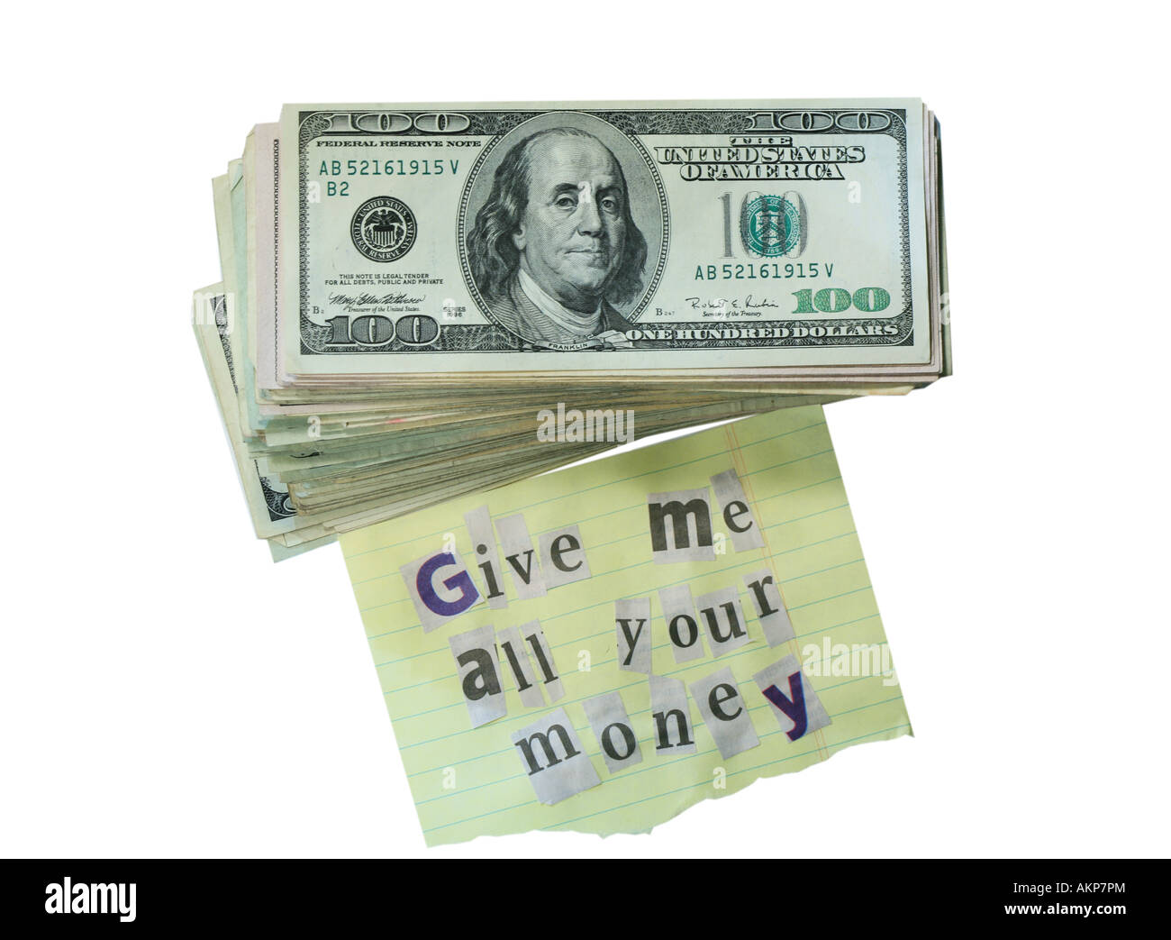 Bank robber note with pile of money Stock Photo - Alamy