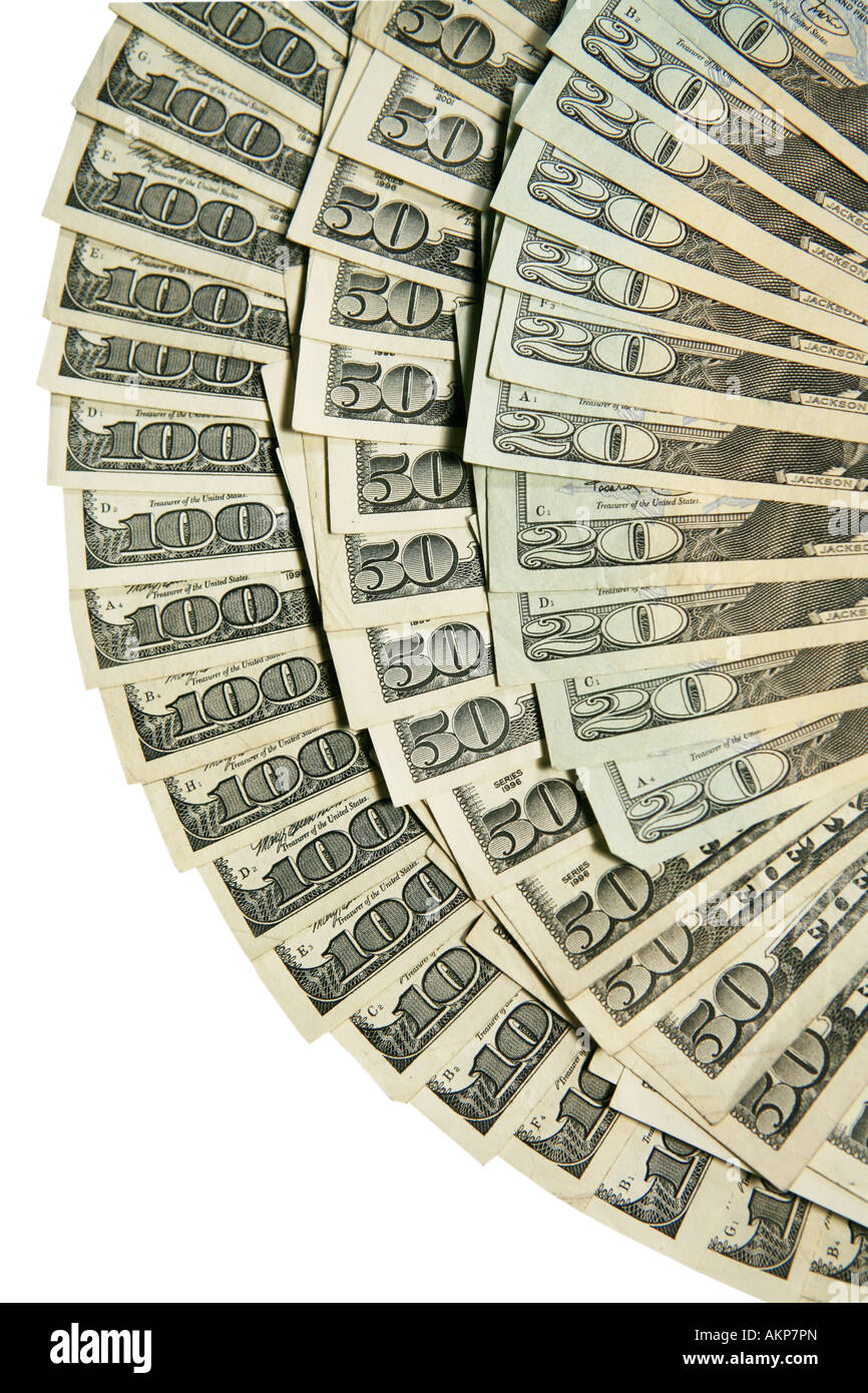 Layers of American money fanned out on white background Stock Photo - Alamy