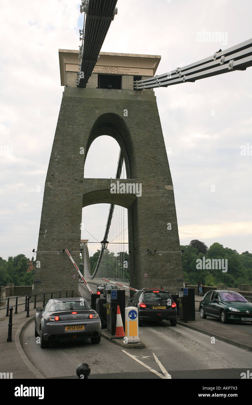 Closeup of the tension cables and modern day car toll system of the ...