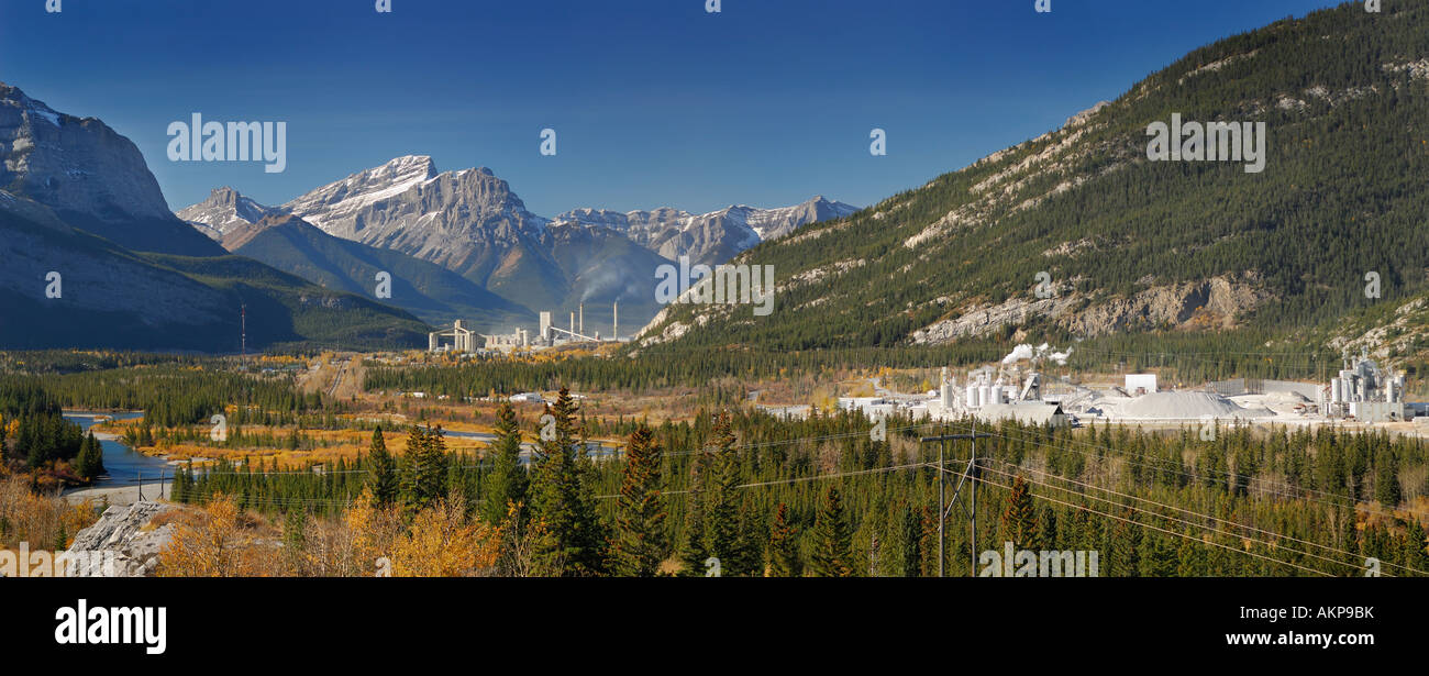 Panorama of Exshaw cement factories and Bow Valley with Canadian Rocky ...