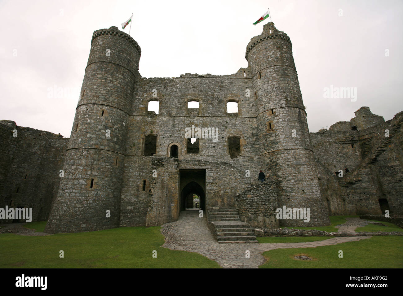Internal walls and fortified ramparts and gatehouse of famous Harlech ...