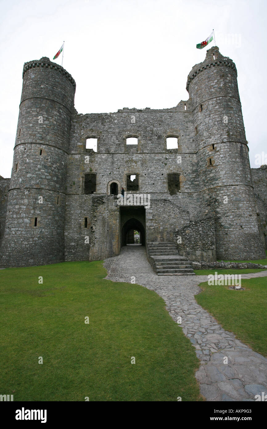 Internal walls and fortified ramparts and gatehouse of famous Harlech ...