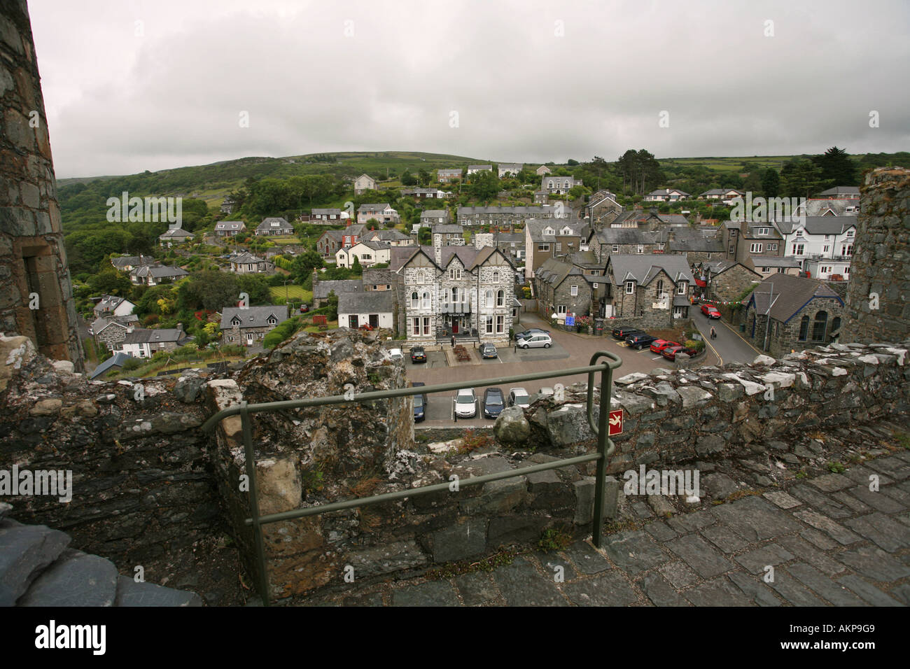 Aerial view ancient Harlech castle battlements and ramparts and the ...