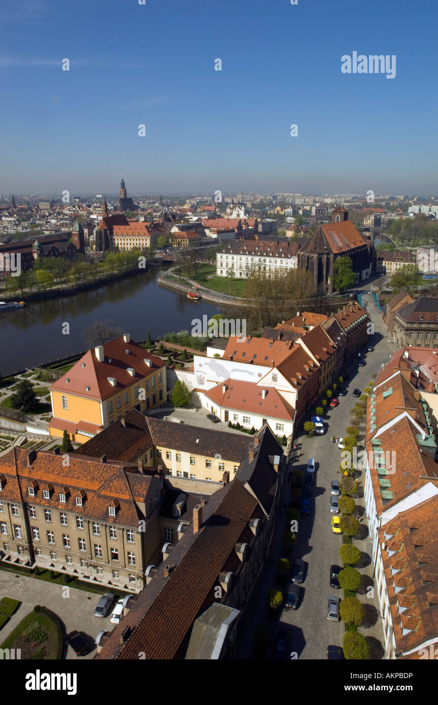 Aerial view of town and Oder River from top of Cathedral spire, Wroclaw ...