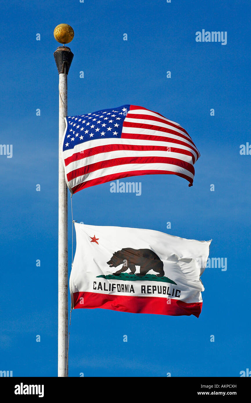 United States, California, San Diego, American and Californian flags ...